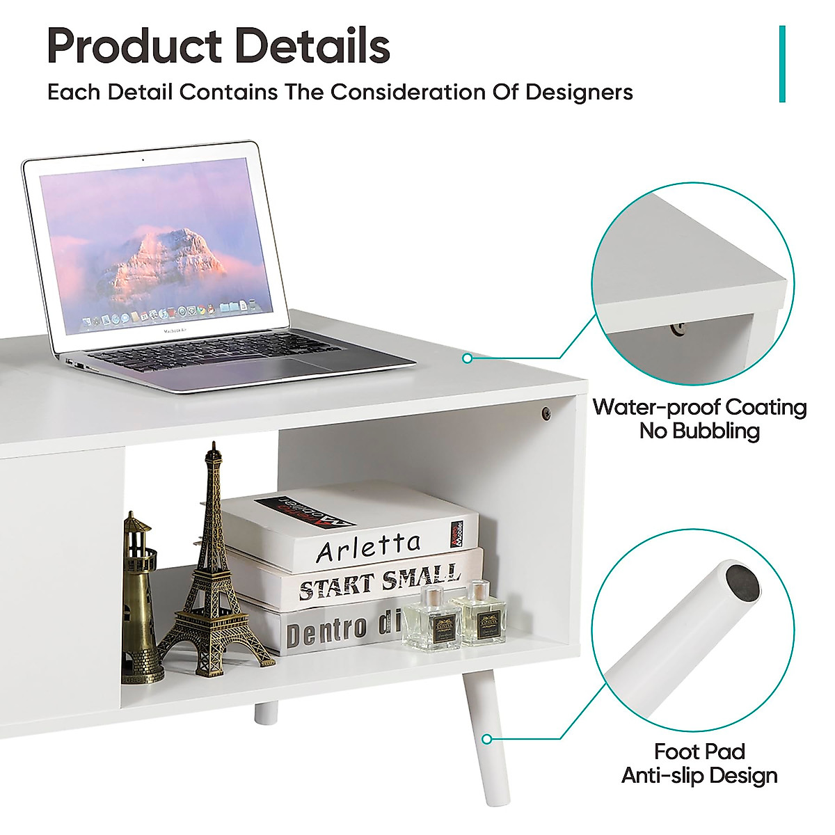 ZenStyle Mid Century Modern Coffee Table, Wooden Retro Coffee Table with Open Storage Shelf for Living Room, Reception, Easy Assembly (White)