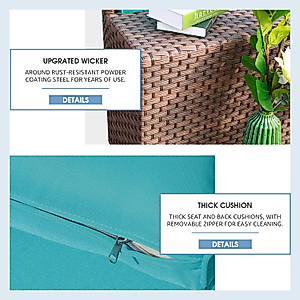 OC Orange-Casual Outdoor Furniture Brown Rattan Set Half-Moon Patio All-Weather Wicker Sofa with Coffee Table, Turquoise Cushion 7-Piece (Pillows & Waterproof Cover Included)