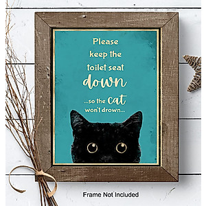 Put The Toilet Seat Down Sign - Cat Bathroom Decor - Bath Wall Decor - Funny Bathroom Wall Art - Blue Bathroom Decorations for Women, Kitty, Kitten Fan - Powder Room - Restroom Sign - Guest Bathroom