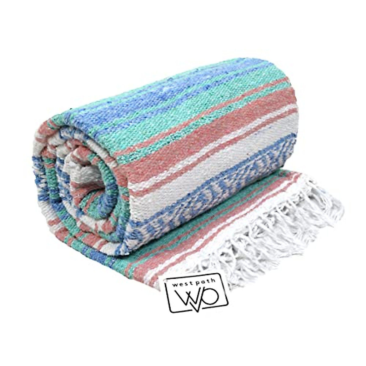 Open Road Goods Light Teal and Coral Mexican Blanket - Authentic Mexican Flasa - Great Yoga Blanket, Beach Blanket, Picnic Blanket, or Mexican Throw! Handwoven