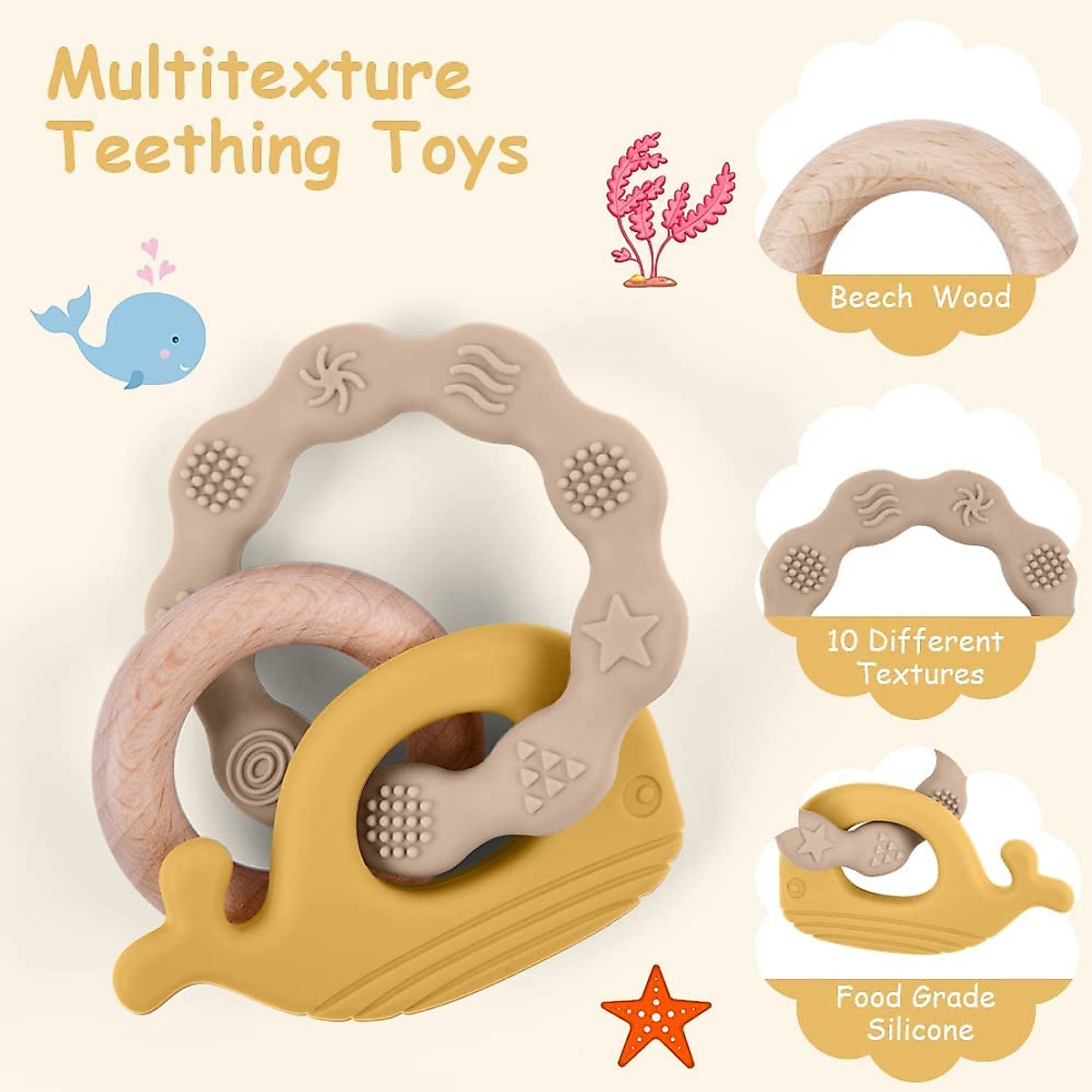 Vicloon Baby Teether Toys, Silicone & Natural Wood Teether Ring, Baby Teething Toys for Babies 0 Months+, Silicone Chewable Rings for Newborn Gift（Yellow）