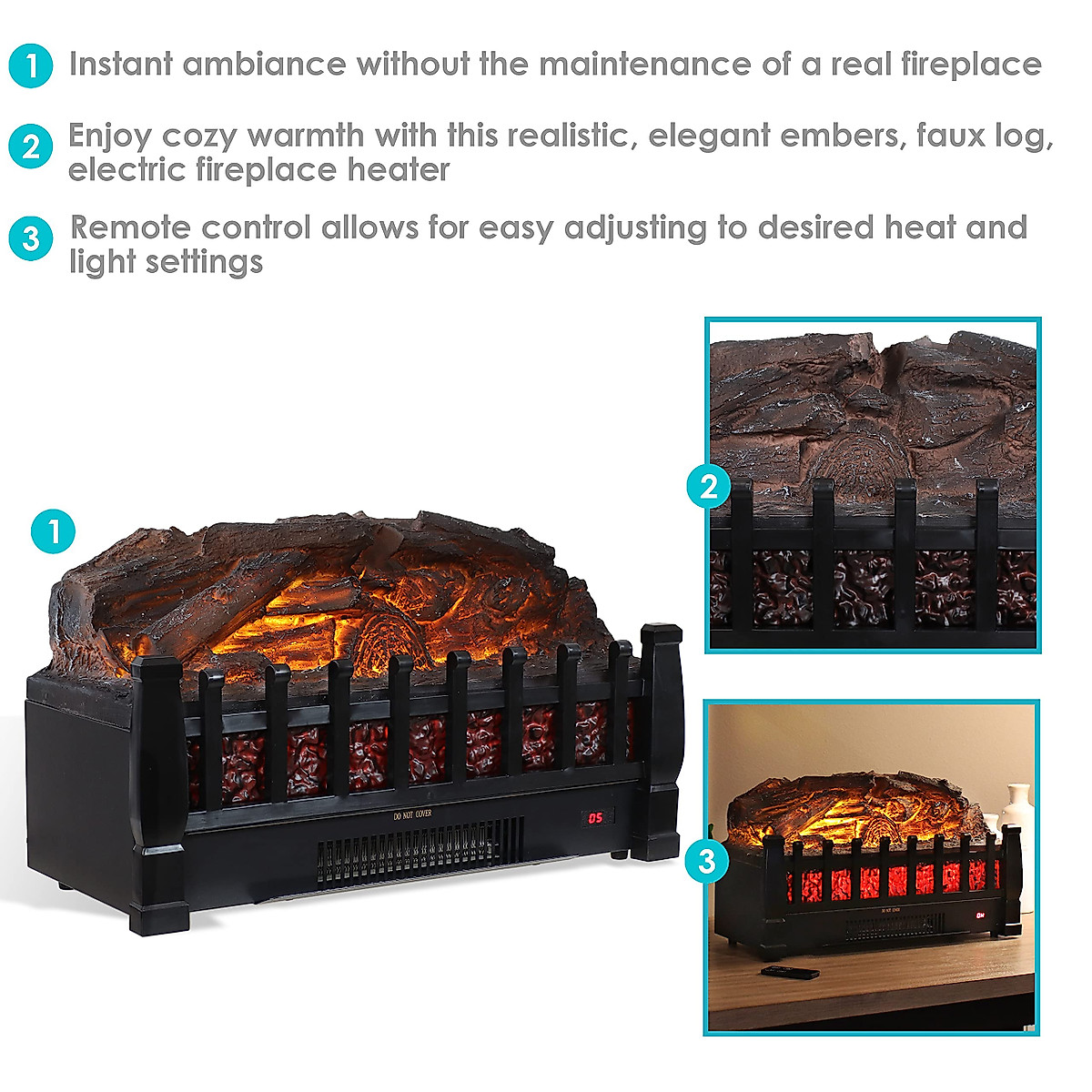 Sunnydaze Elegant Embers 20.25-Inch Faux Log Electric Fireplace Insert Heater - 110V -Remote Control Included