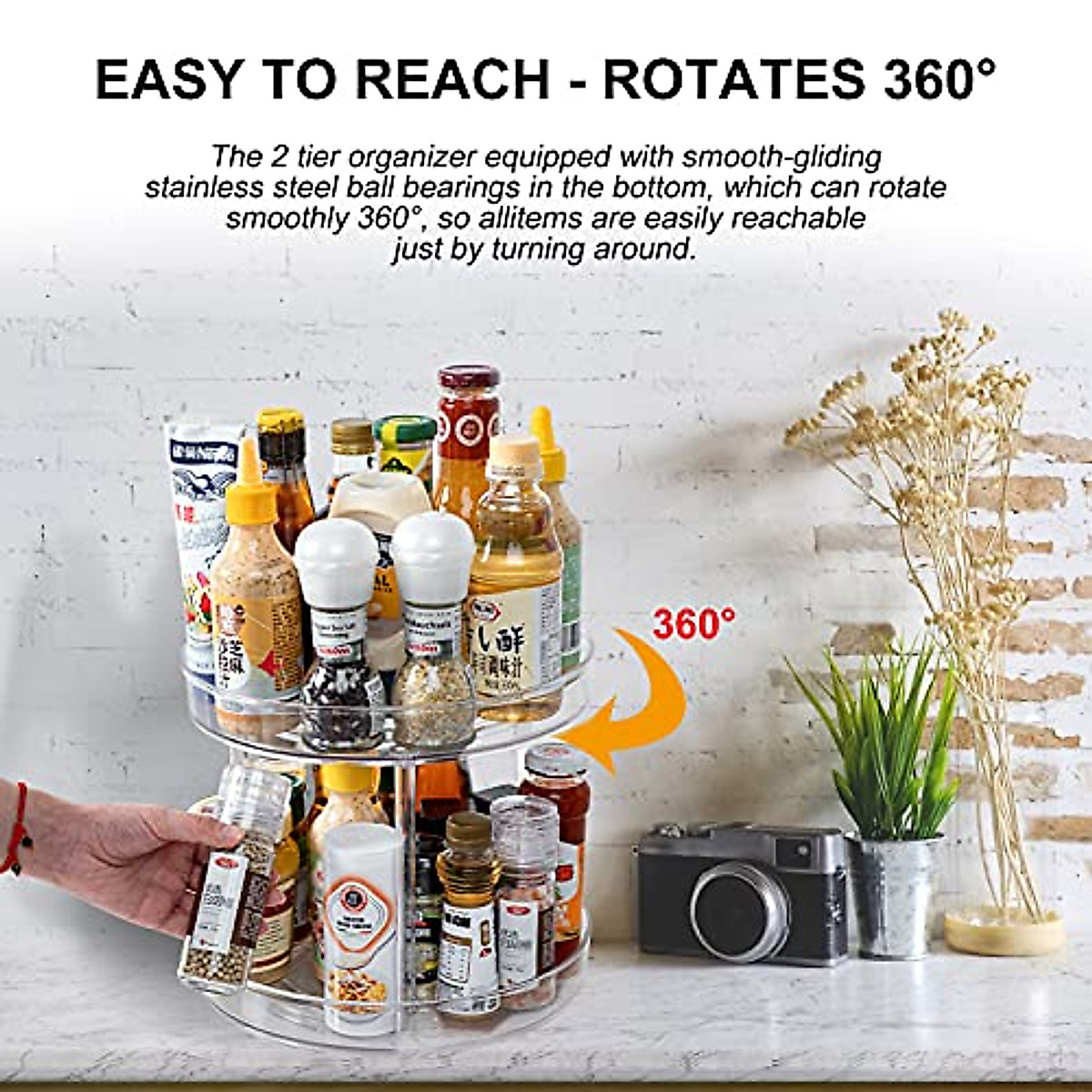 Landmore Lazy Susan Turntable Storage Organizer, Non-Skid 2 Tier Lazy Susan 9.25" Spice Rack, 360 Degree Rotating Acrylic Cabinet Organizer for Kitchen Cosmetic Pantry Bathroom