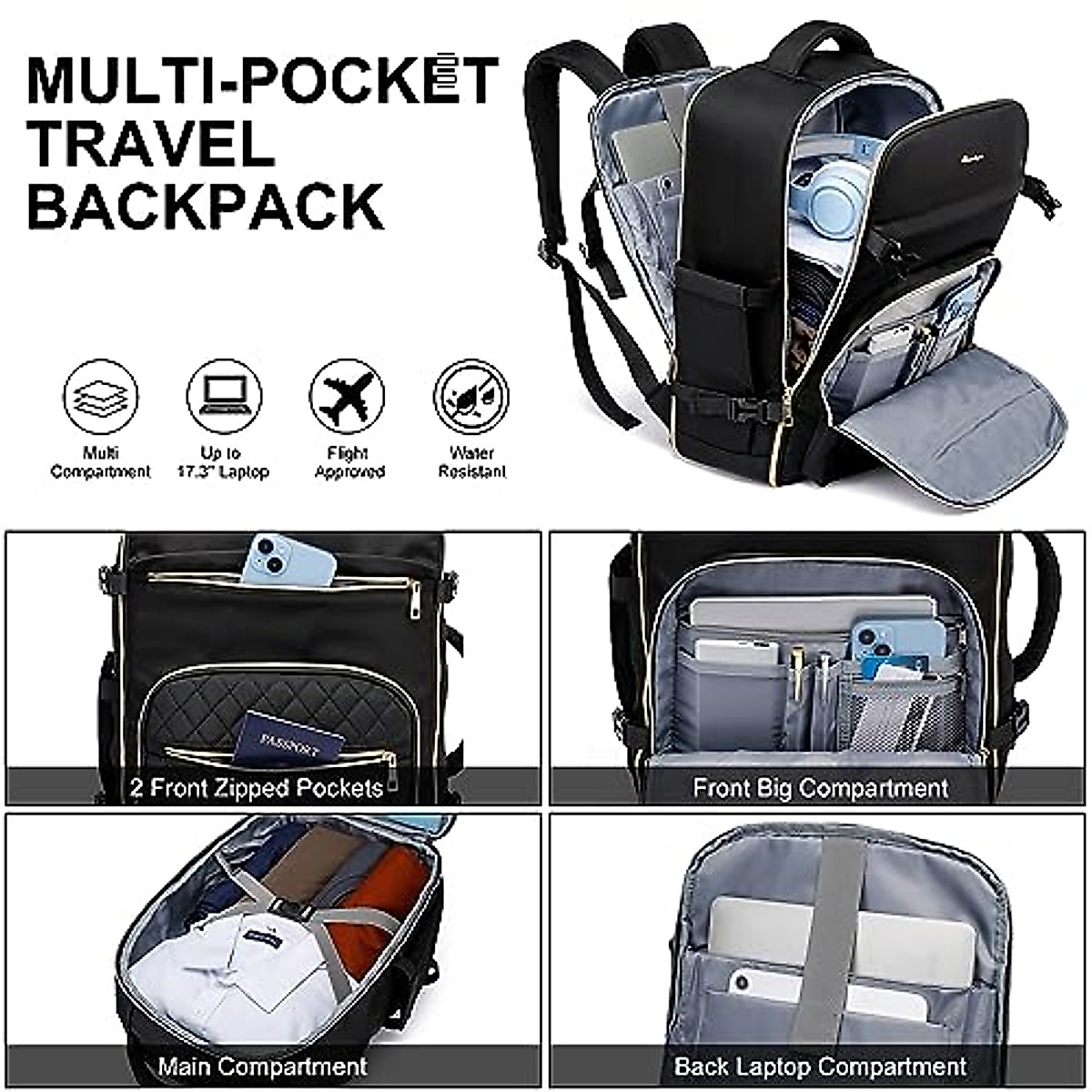 Kamiya Carry on Backpack, 35L Large Travel Backpack for Women Flight Approved, Waterproof TSA 17inch Laptop Backpack Luggage Daypack for Business Weekender Overnight with USB Charging Port, Black
