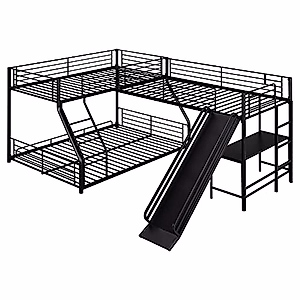 BIADNBZ Triple Bunk Bed Full Over Twin&Twin Size with Desk and Slide, Metal L-Shaped BunkBed Attached w/LoftBed, for 3 Kids/Teens/Adults Bedroom, Black