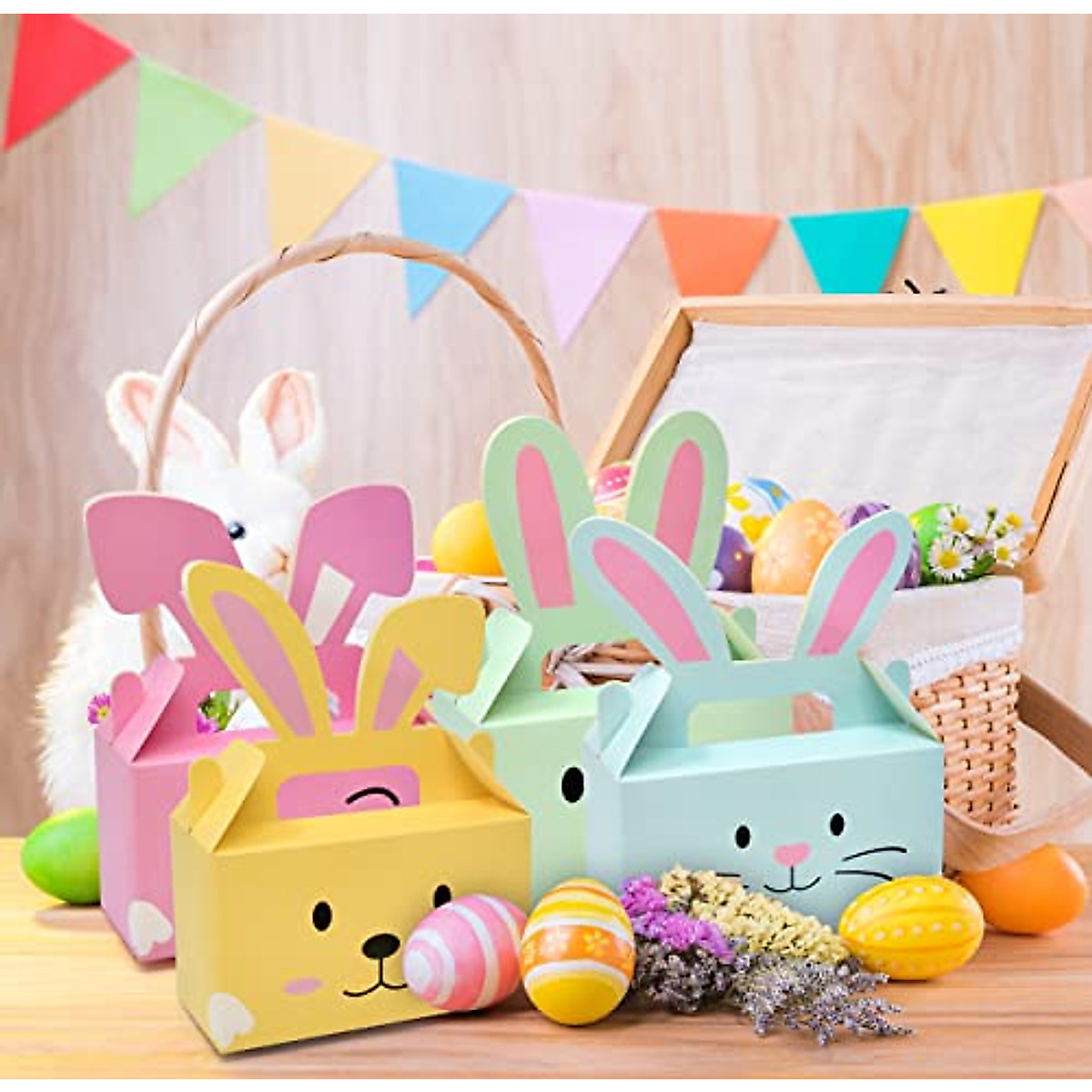 24 Pack Easter Treat Boxes Bunny Cardboard Favor Boxes with Handle Bunnies Rabbit Ears Basket Containers Candy Cookie Goody Gift Box Holder for Spring Kids School Classroom Party Supplies Decorations