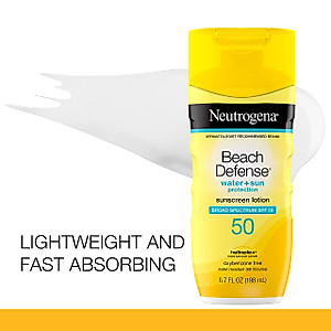 Neutrogena Beach Defense Water-Resistant Sunscreen Lotion with Broad Spectrum SPF 30, Oil-Free and PABA-Free Oxybenzone-Free, UVA/UVB Sun Protection, SPF 50, 6.7 fl. oz