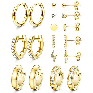 FASACCO Stud Huggies Earring Sets for Multiple Piercing Small Huggie Hoop Earrings Mini Gold Earrings Set