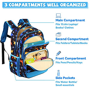 VASCHY School Backpack for Boys, 16in Water Resistant Backpack for Kids Preschool/Primary/Elementary School Bookbag with Tablet Sleeve Black Dino