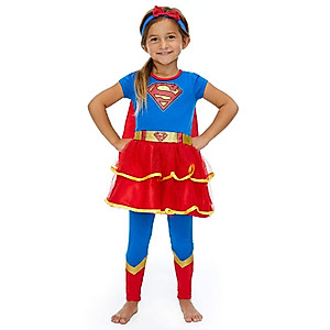 WARNER BROS Justice League Supergirl Big Girls Costume Dress Leggings Cape and Headband 4 Piece Set 10-12
