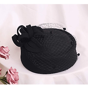 Z&X British Vintage Wool Felt Pillbox Hat Ladies Church Derby Winter Fascinator Hat Veil Flower Fedoras Black