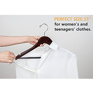 Amber Home 15" Walnut Wooden Clothes Hangers for Woman 20 Pack, Teenager Clothing Hangers for Shirt Jacket, Solid Wood Dress Coat Hangers with Non Slip Pants Bar (Walnut, 20)