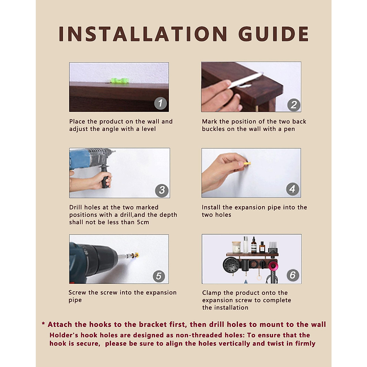 Affogato Walnut Storage Holder Compatible with Dyson Supersonic Hair Dryer and Attachments, Wall Mount Holder with Shelf Organizer for Bathroom Bedroom, Walnut Wood