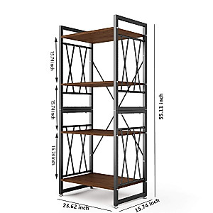 DEWEL Bookshelf 4 Tier Bookcase Shelf Storage Organizer Display Rack Modern Wood and Metal Shelves Open Standing Furniture for Home Office Study Kitchen - Elm Brown