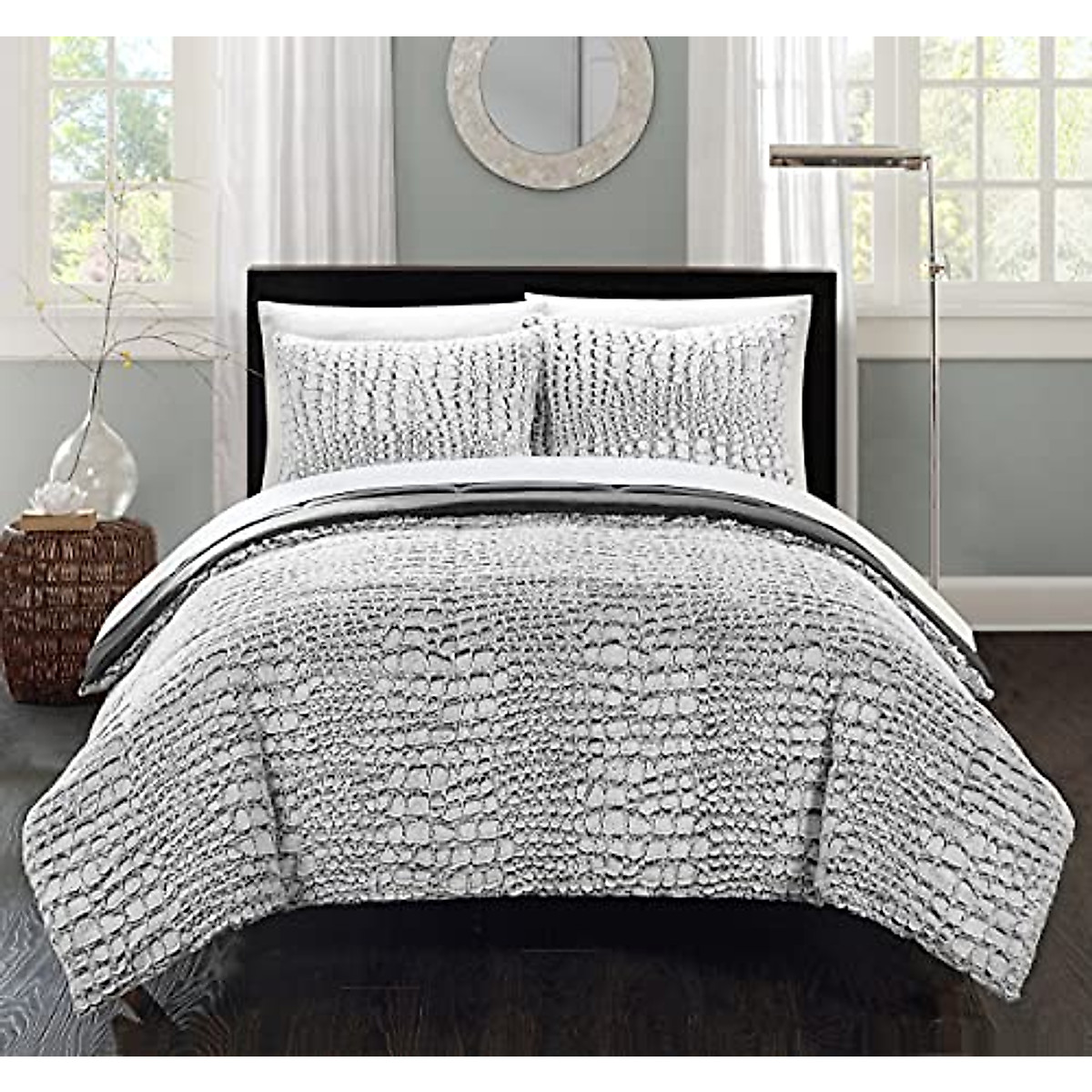 Chic Home 3 Piece New Faux Fur Collection with Mink Like Backing in Alligator Animal Skin Design Comforter Set, Queen, Grey