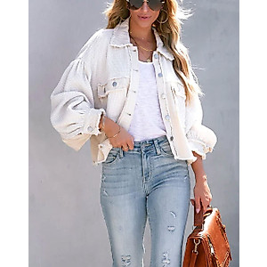 CHARTOU Women's Oversized Waffle Knit Shacket Cropped Color Block Jean Patchwork Blouse Shirt (Large, Cream)