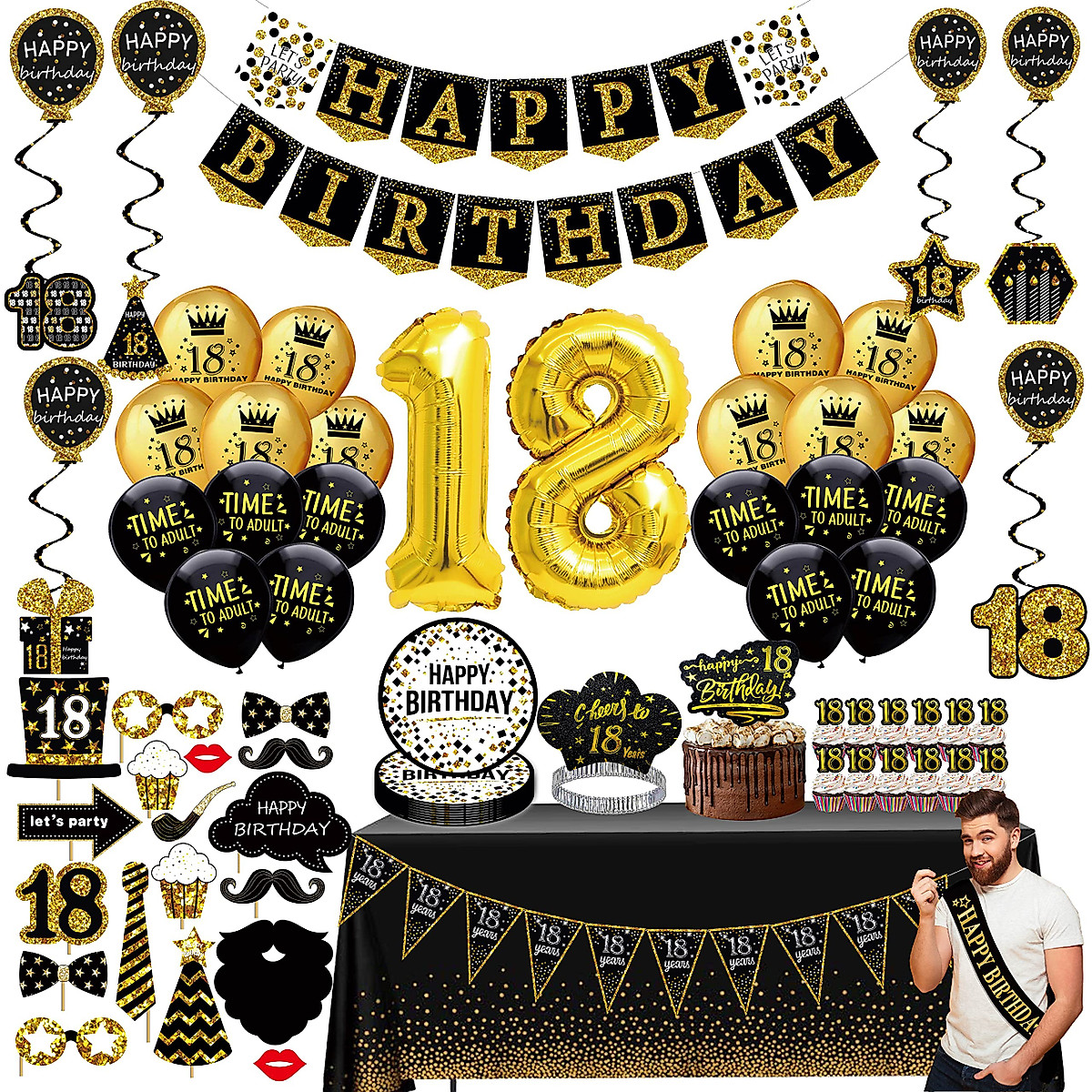 18th birthday decorations for boys girls,(76pack) black gold party Banner, Pennant, Hanging Swirl, birthday balloons, Tablecloths, cupcake Topper, Crown, Photo Props, Birthday Sash for men gift