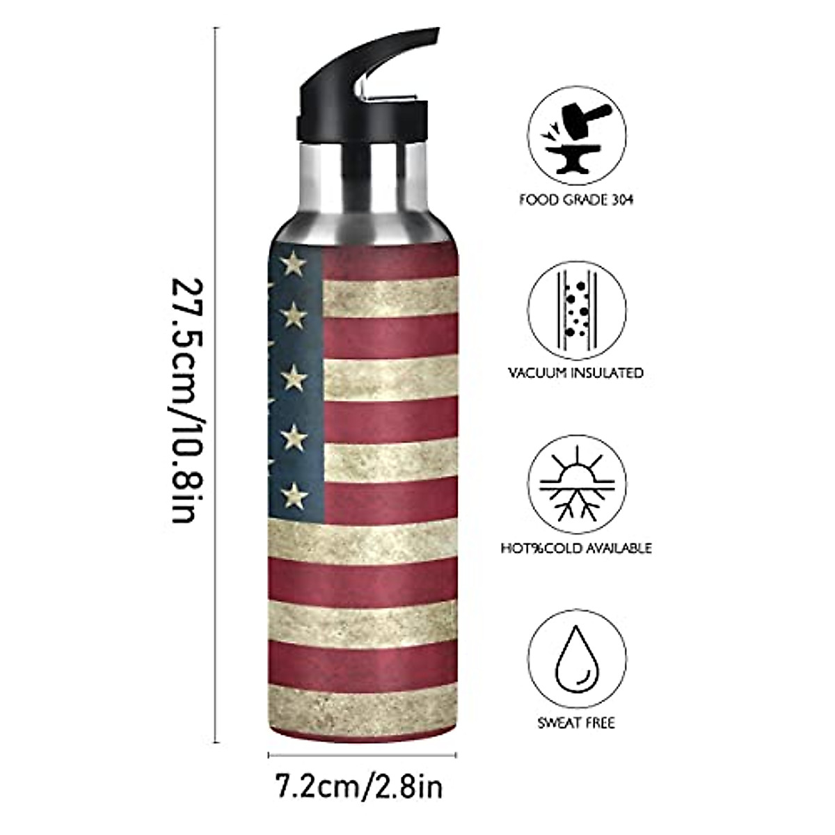 xigua American Flag Water Bottle with Straw Lid Vacuum Insulated Stainless Steel Thermo Flask for Sports Cycling Hiking School Home,20 oz.