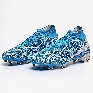 lozoye Soccer Cleats Mens Womens Football Shoes for Kids Big Boys Grils FG High Ankle Football Boots Wide Soccer Training Sneakers (Blue White,42)