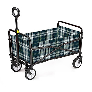 Collapsible Wagon Cart Plaid Menswear in Navy Blue Olive Khaki Green White Striped Textured Foldable Utility Wagon Large Capacity Garden Cart with Push Bar for Beach Camp Outdoor Shopping