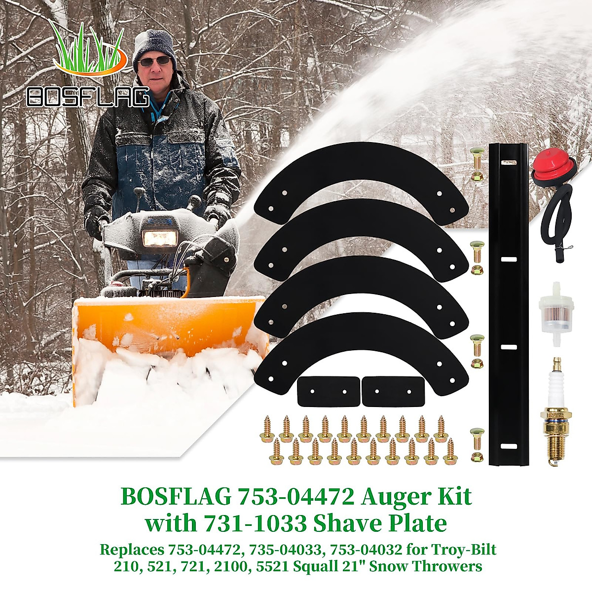 BOSFLAG 753-04472 Auger Kit with 731-1033 Shave Plate Replaces MTD 735-04032, 735-04033, 735 04033 for White Outdoor SB221, SB521, SB721, Troy-Bilt 210, 2100, 521, 5521, 721, Squall 21" Snow Throwers
