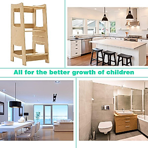 EGREE Toddlers Kitchen Step Stool with Safety Rail Kids Wooden Standing Tower for Kitchen Counter and Bathroom Sink, 3 Heights Adjustable Step Up Stool Mothers' Helper, Solid Wood Construction, White