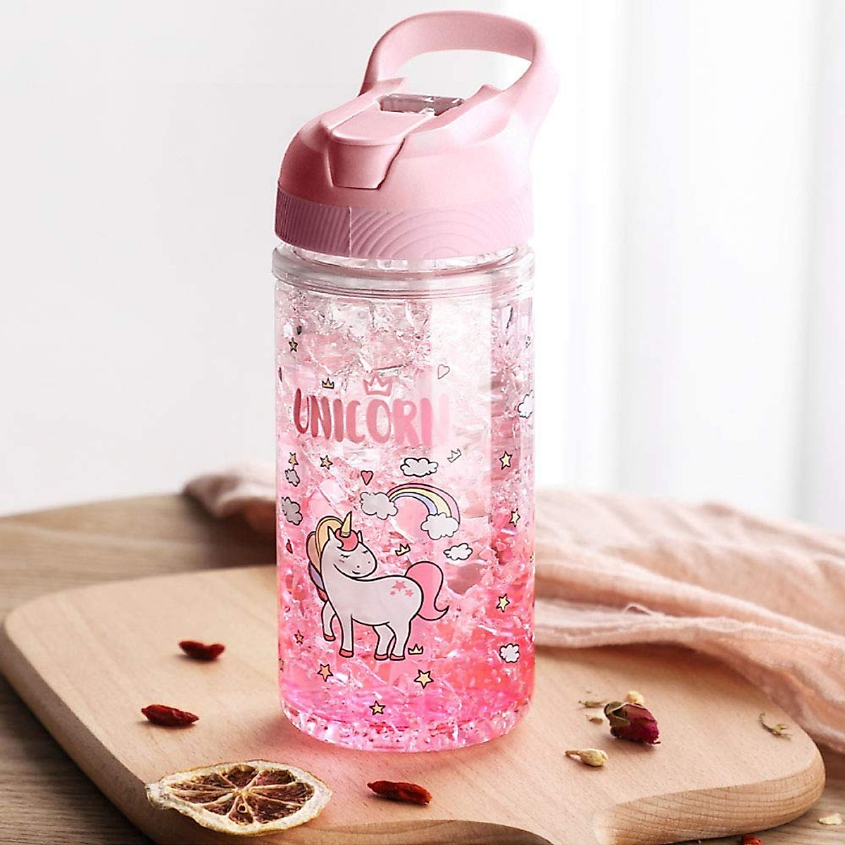 OOTD Unicorn Water Bottle for Girls, Cute Girl's Bottles for School, Unicorn Water Bottle with Straw and Safety lock, 400ML/13.5oz Kids Water-Bottles for School's Kids Girlss, Pink
