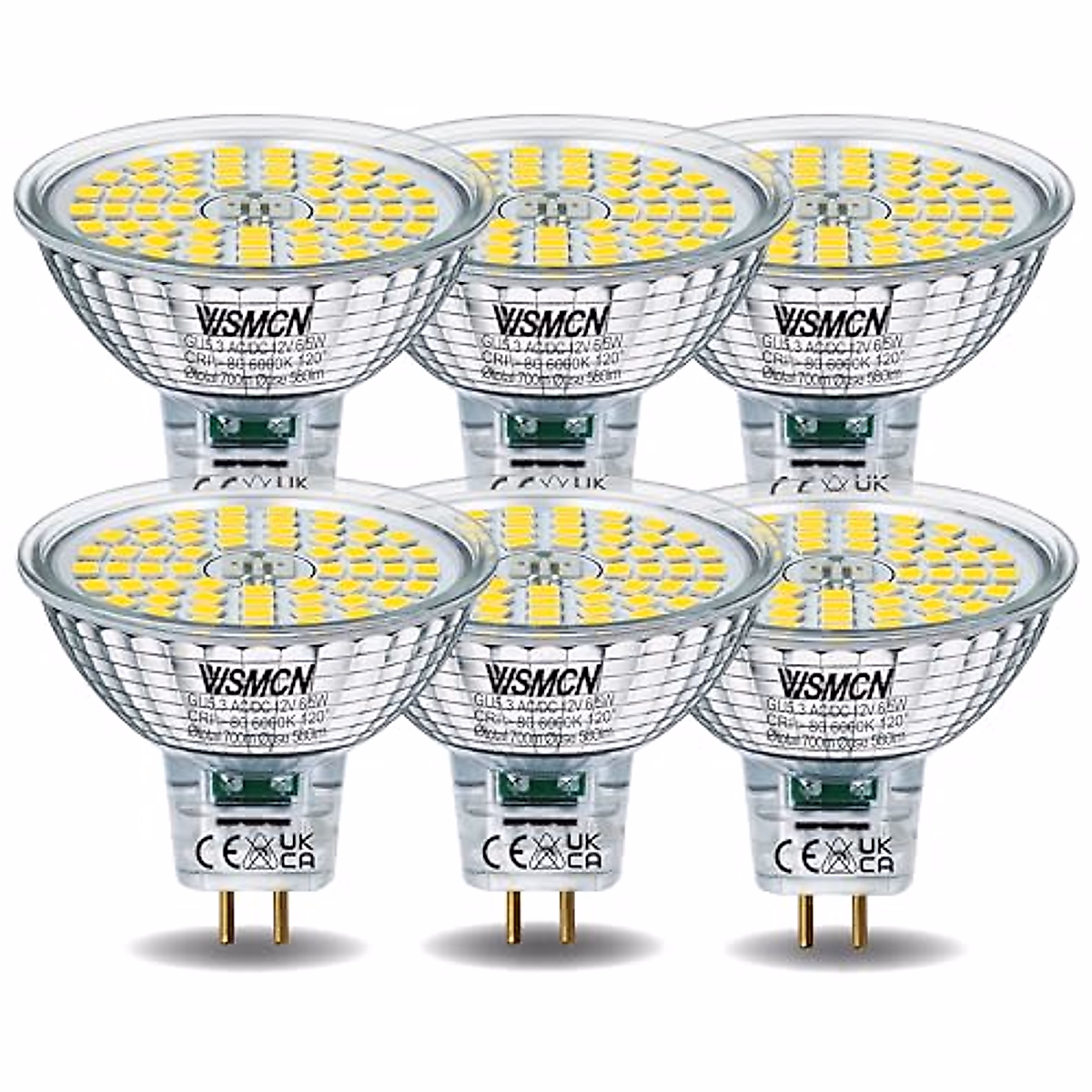 WSMCN MR16 GU5.3 LED Bulbs, Daylight Bright Cool White 6000K 700 Lumens Lamp, Non-dimmable, 6.5W Equivalent to 60W Halogen, AC/DC 12V LED Spotlight Bulb, 120° Beam Angle, Pack of 6