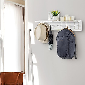 MyGift Wall Mounted 5-Hook Vintage White Wood Floating Bathroom Shelf & Towel Rack