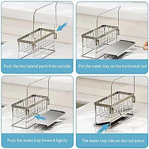 iBigLY Sponge Holder Kitchen Sink Caddy Organizer, 304 Stainless Steel Kitchen Soap Dispenser Caddy Organizer with Auto Drain Tray, Sink Rack for Kitchen & Bathroom Holding Sponge and Towel (Silver)