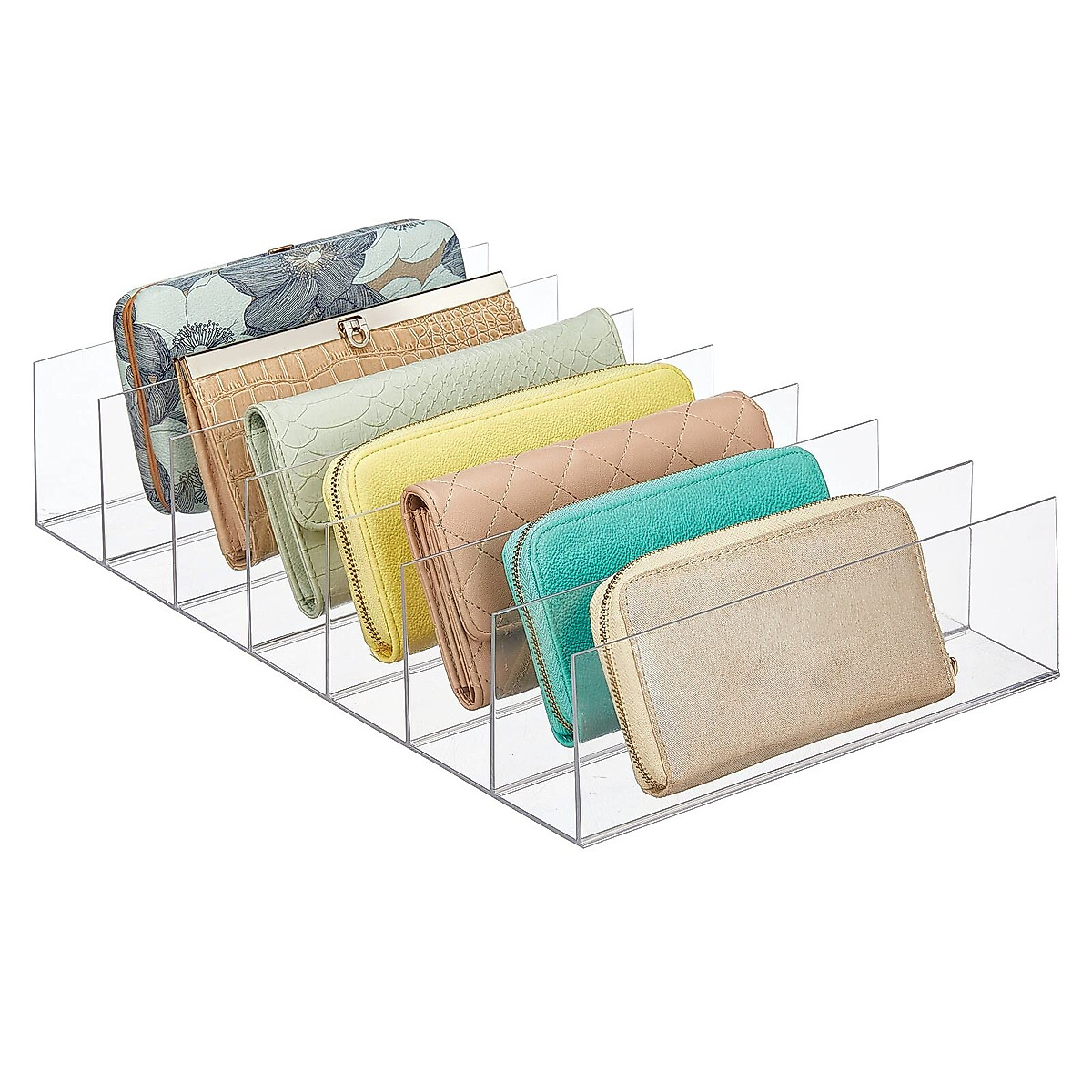 mDesign Plastic Divided Clutch Organizer for Closets, Bedrooms, Dressers - Closet Shelf Storage Solution for Purses, Wallets, Bill Folds, and Accessories - 7 Sections - Lumiere Collection - Clear
