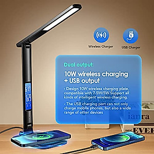 Mubarek LED Desk Lamp with Wireless Charger - Adjustable Bright Desk Lamps for Home Office with USB Charging Port/Clock, LED Desk Lamp for College Dorm Room(Black)
