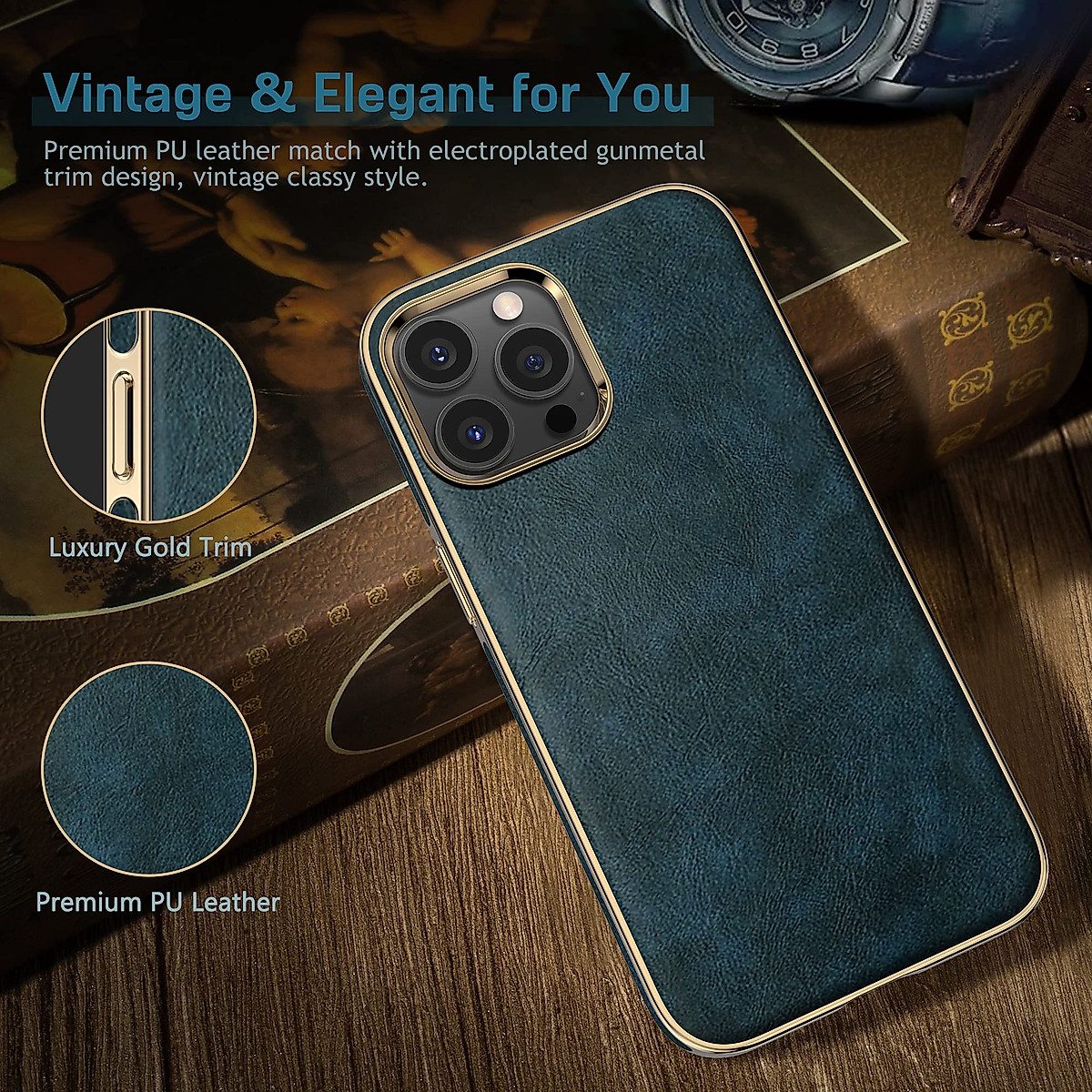 LOHASIC for iPhone 13 Pro Max Leather Case, Slim Luxury Business PU Non-Slip Grip Shockproof Bumper Full Body Protective Cover Men Phone Cases for iPhone 13 Pro Max 6.7" (2021) - Vintage Blue