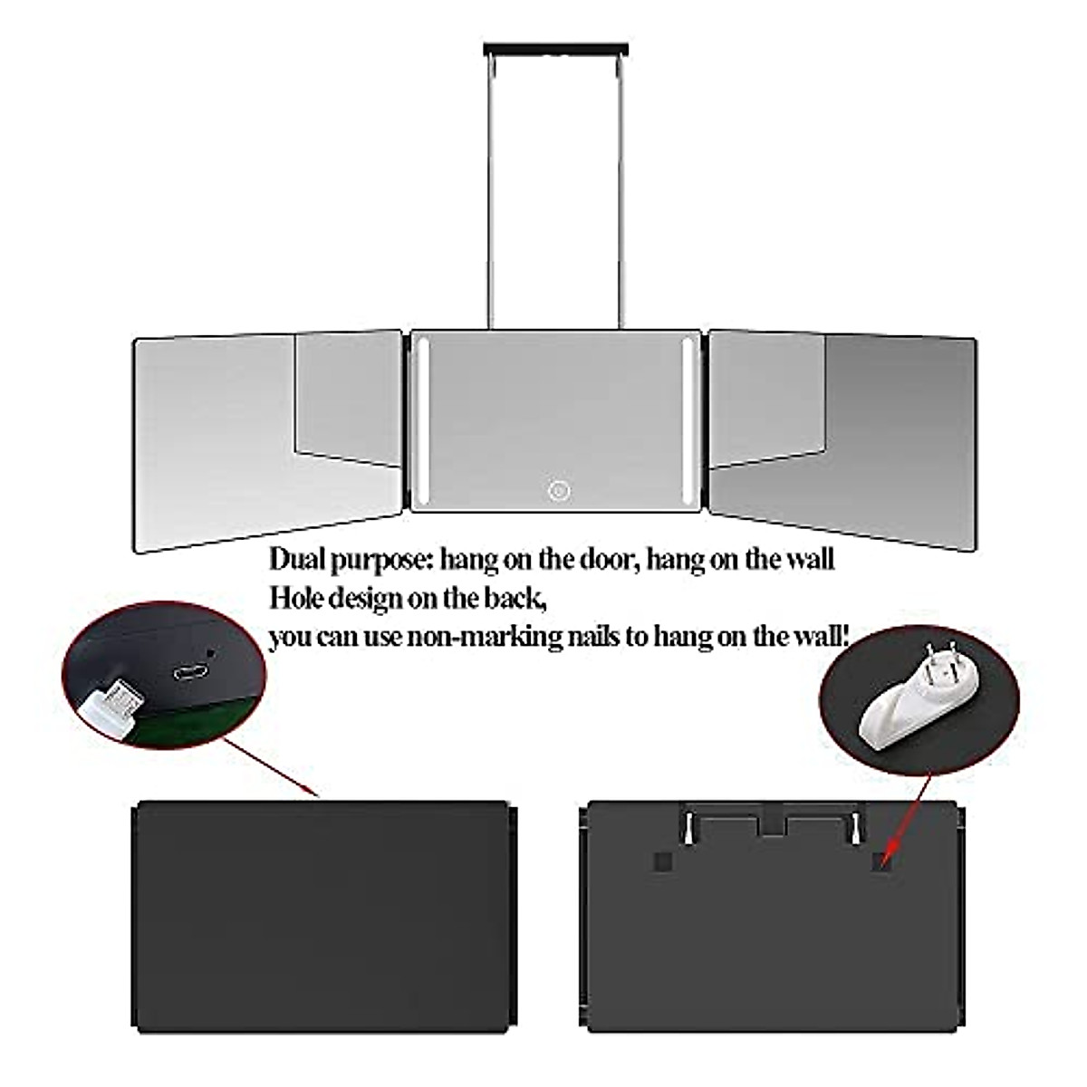 angilifan 3 Way Mirror for Hair Cutting, 360° Illuminated Trifold Makeup Mirror for Self Hair Styling, Adjustable DIY Haircutting Tool to Trim or Shave (with led)