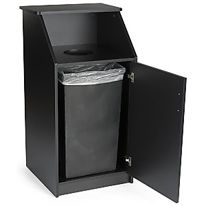 Displays2go Commercial Trash Bin with Black Finish, MDF Construction, Melamine Finish, Circular Cutout - Hinged Door (LCKDTLCSBK)