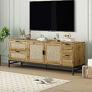 Voohek Boho Stand with Drawers and Adjustable Shelves, Media Console Table for 65 inch Television, Entertainment Center w/Storage Used in Living Room, for 65" TV/Rattan, Natural