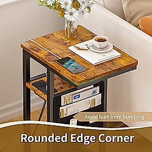 SUPERJARE C Shaped End Table with Charging Station, Side Table with Storage Bag, Couch Table, C Table with USB Port and Outlet, for Living Room, Bed Room, Set of 2, Rustic Brown