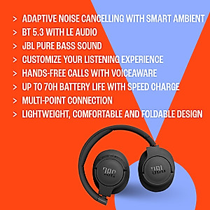 JBL Tune 770NC - Adaptive Noise Cancelling with Smart Ambient Wireless Over-Ear Headphones, Bluetooth 5.3, Up to 70H Battery Life with Speed Charge, Lightweight (Black) (Renewed)