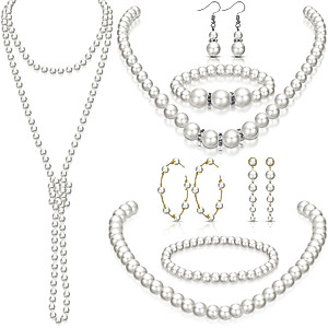 Yaomiao 8 Pcs Pearl Jewelry Set 1920s Costume Accessories for Women Long Pearl Necklace Hoop Earrings Bracelet New Year Gift(Vintage Style)