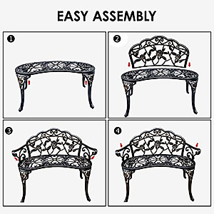 Outrora Garden Bench, Metal Park Bench Cast-Aluminum Outdoor Benches Front Porch Outdoor Furniture with Floral Rose for Patio, Park, Lawn, Yard（Copper）