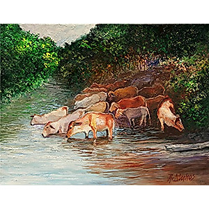 The Watering Hole, Herd of Cattle By Internationally Renown Artist Andre Dluhos