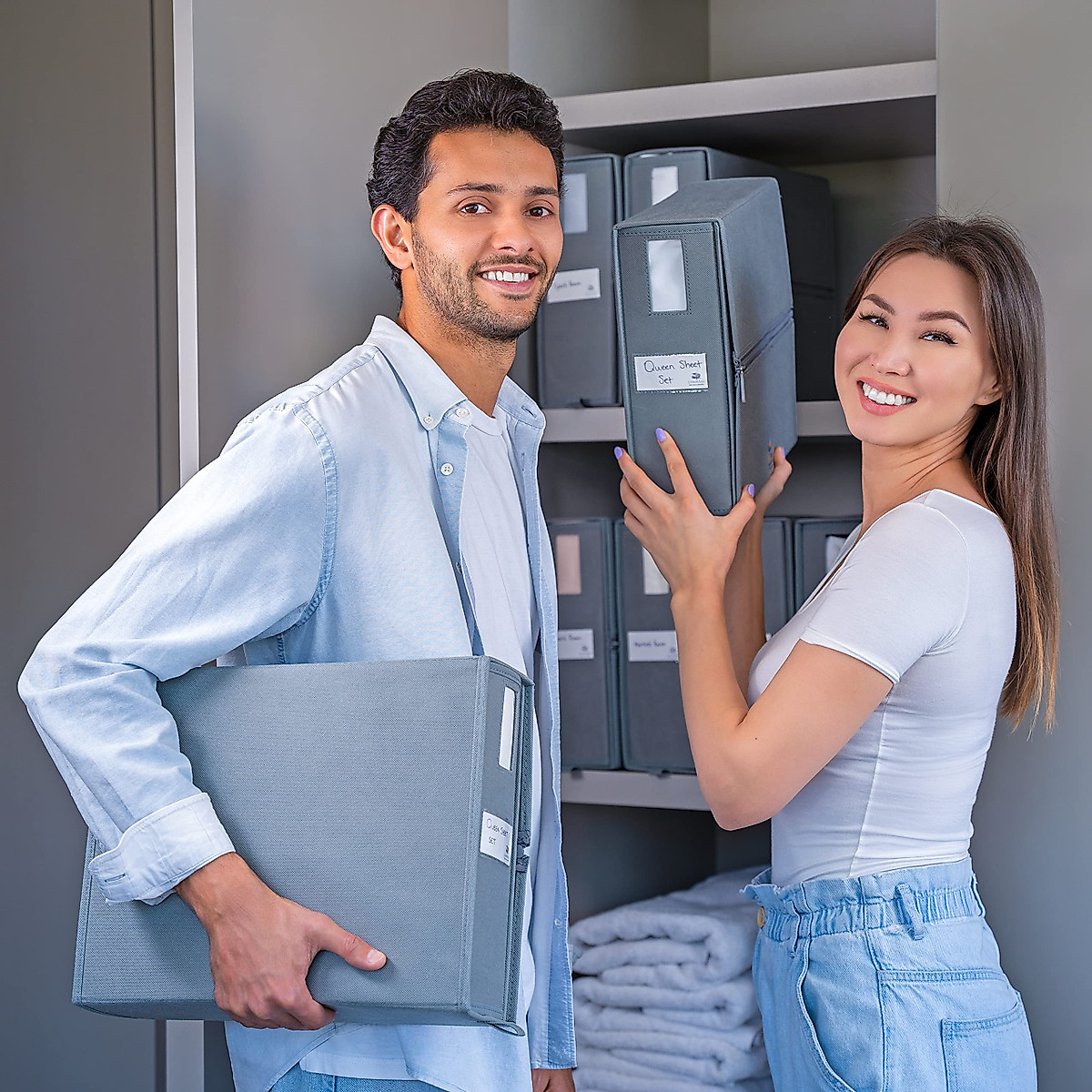 LINENMATE The Original Linen Storage Container, 2-Pack (Queen/King Size, Grey)