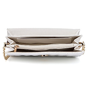 Olivia Miller Women's Fashion Rose Flower Embroidered Faux PU Leather Front Flap w Multi Compartment Off White Crossbody Bag Everyday Small Evening Casual Work Purse Handbag