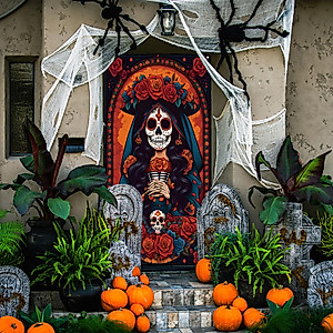 Day of The Dead Door Cover Dia De Los Muertos Backdrop Sugar Skull Rose Altar Mexican Fiesta Party Decorations and Supplies for Home