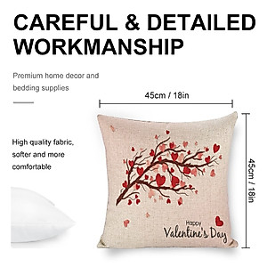 Happy Valentine's Day Throw Pillow Covers 18×18 Pillowcases Set of 2 Love Heart Branch Linen Decorative Square Pillow Case Cushion Covers Standard Size for Sofa Couch Outdoor Bed Pillow Protectors