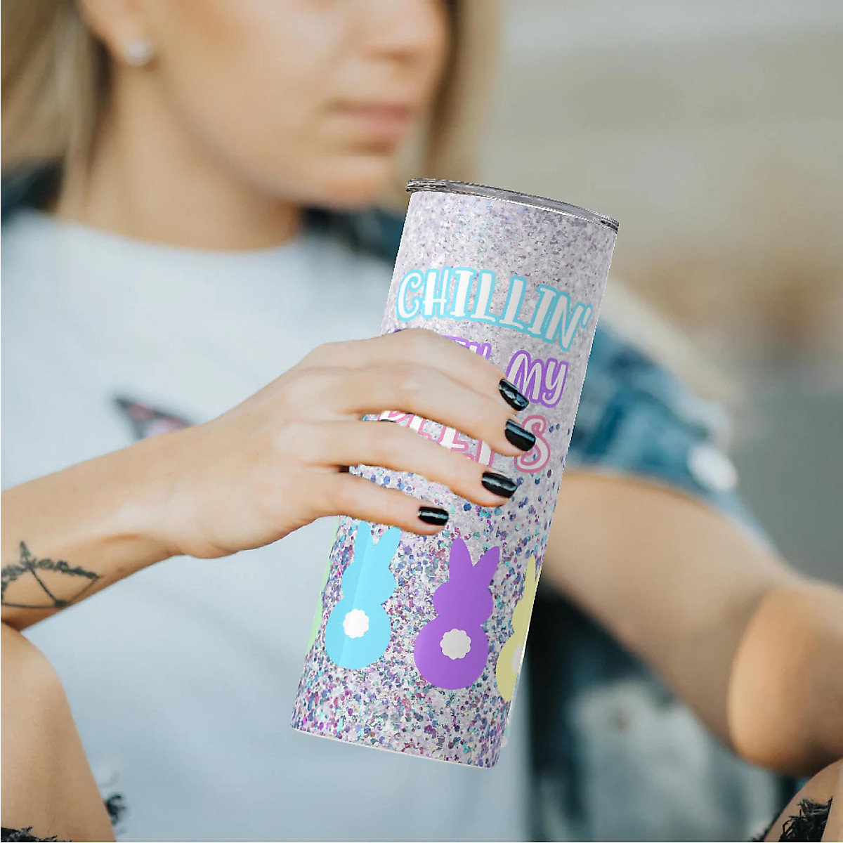 Custom Printed Chillin with my Peeps Easter Tumbler | Personalized Double Wall Insulated Travel Mug | Spring Design with Name (Chillin with my Peeps)