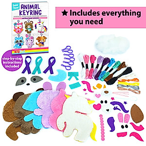 KRAFUN Unicorn Sewing Keyring Kit for Kids Age 7 8 9 10 11 12 Learn Art & Craft, Includes 6 Stuffed Animal Bear, Dog, Rabbit, Raccoon, Owl Dolls, Instruction & Felt Materials