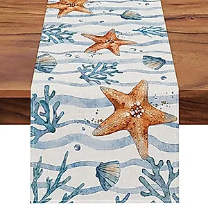 Seliem Summer Sea Starfish Conch Coral Table Runner, Coastal Ocean Wave Stripes Kitchen Dining Table Decor, Nautical Spring Seasonal Beach Home Decoration Indoor Outdoor Party Supply 13 x 72 Inches