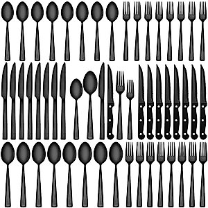 72-Piece Black Silverware Sets for 12 with Steak Knives, CEKEE Stainless Steel Black Flatware Set for 12, Kitchen Utensils Sets for Home Restaurant Hotel, Mirror Polished & Heavy Duty Cutlery Set