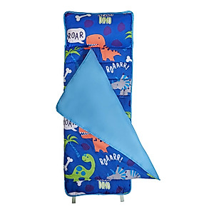 EVERYDAY KIDS Nap Mat with Removable Pillow - Roarin' Dinos - Carry Handle with Straps Closure, Rollup Design, Soft Microfiber for Preschool, Daycare, Travel Sleeping Bag - Ages 3-6 Years
